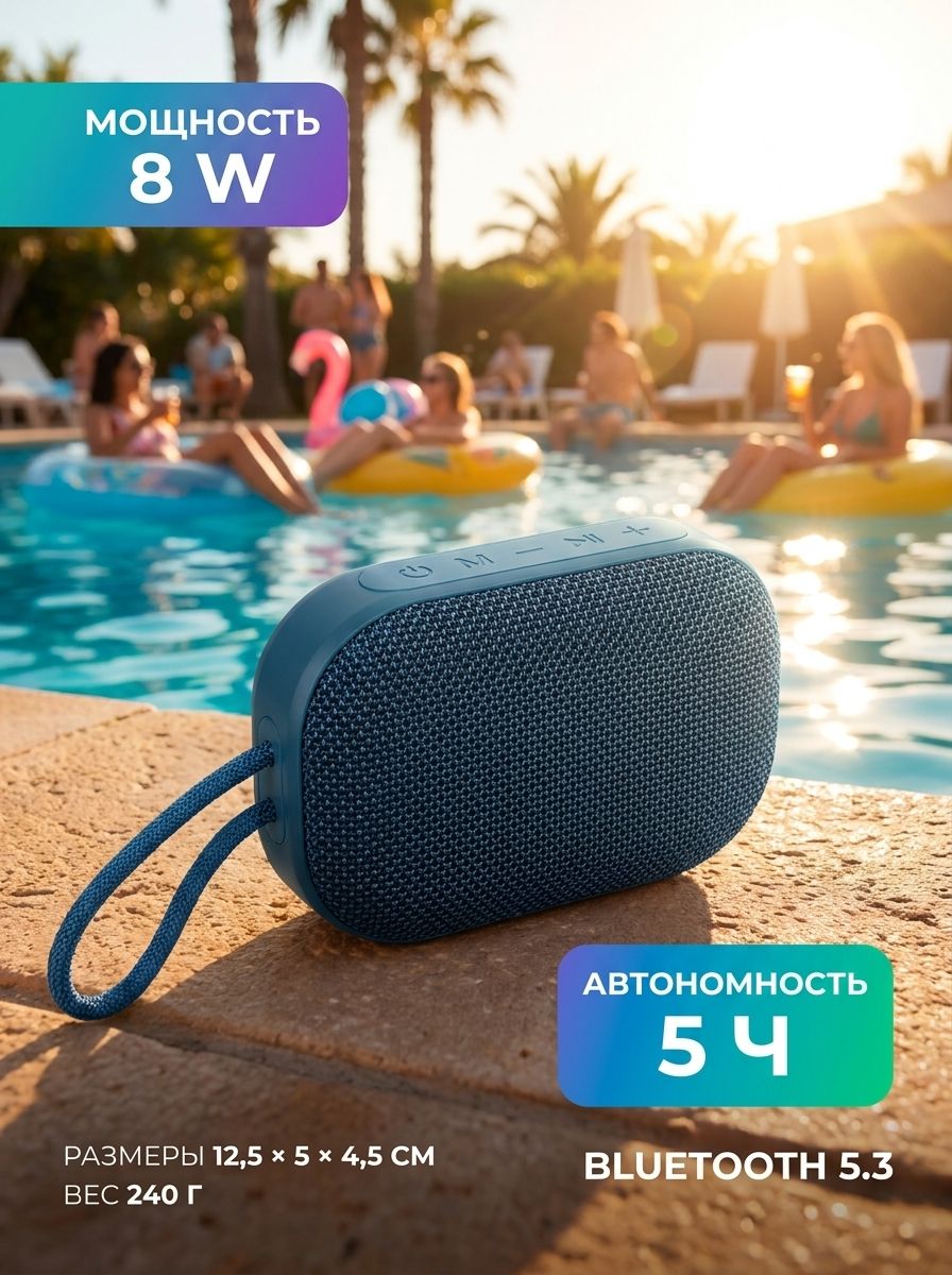 Компактная беспроводная колонка мощностью 8 Вт с Bluetooth 5.3 и защитой IPX5 для дома и улицы, тёмно-синяя
