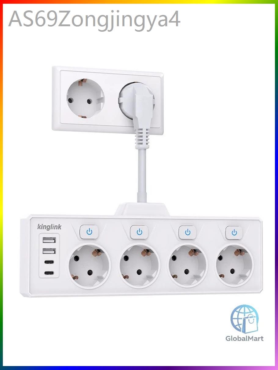 Розетка-удлинитель EU 8-in-1 Белая матовая (4 х EU + 2 USB-A + USB-C + Type-C), 3680Вт, 50см кабель 180 , с выключателем, ABS