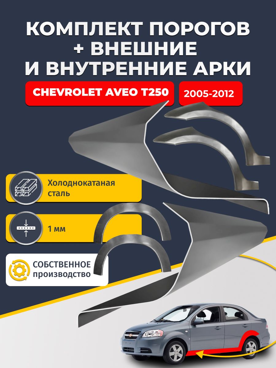 Комплект ремонтных задних внешних и внутренних арок (0,8 мм) + комплект стандартных ремонтных порогов , на Chevrolet Aveo T250 седан (Шевроле Авео Т250) Холоднокатаная сталь 1 мм
