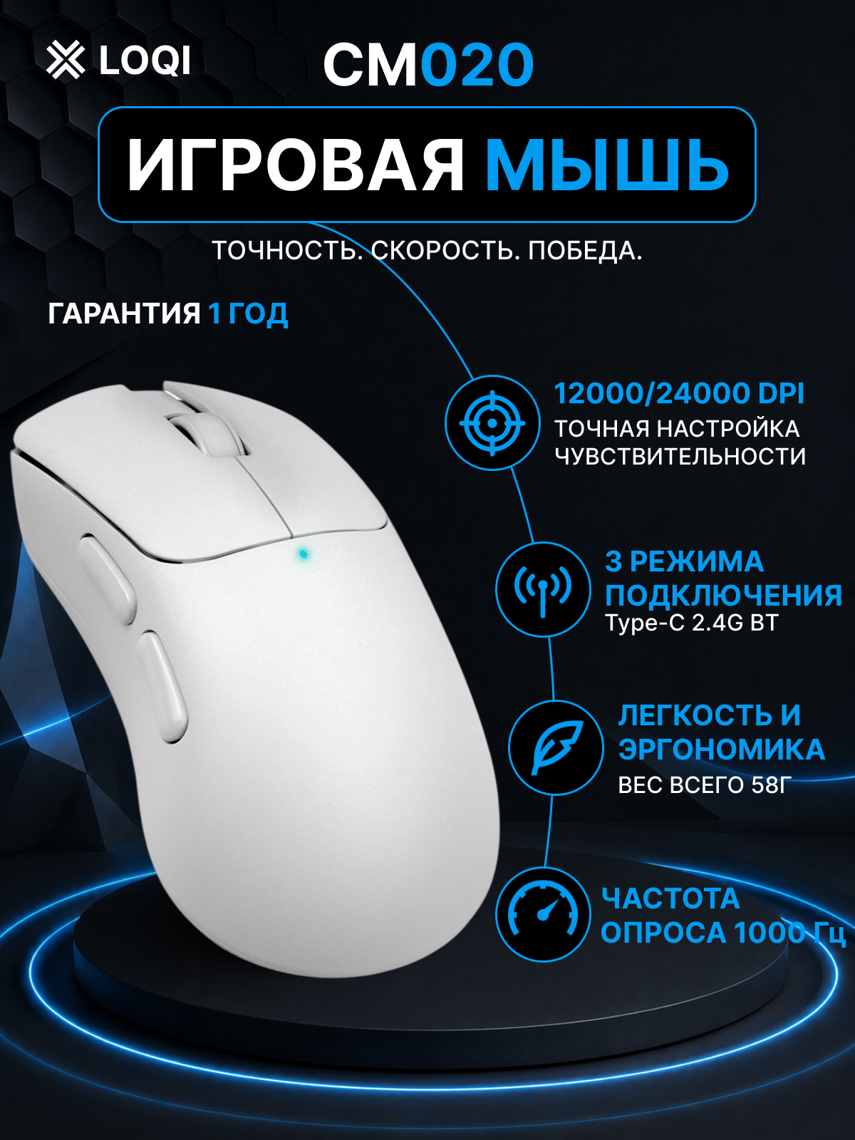 Компьютерная игровая мышь беспроводная CM020 Type-C + 2.4G + BTT, белая