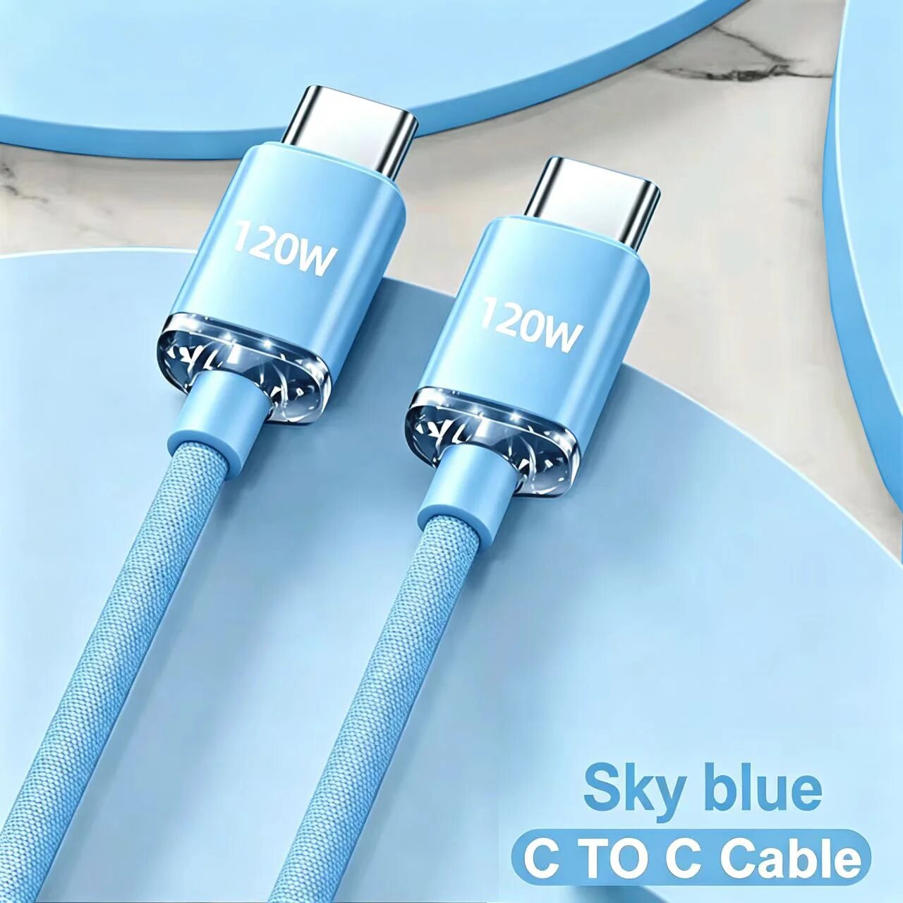 Цветной Зарядный Кабель NNBILI 120 Вт USB Type C - Type C Для Быстрой 2m, C TO C Sky blue