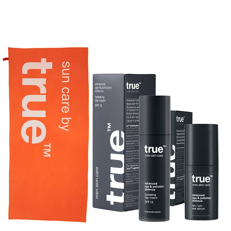 Набор уходовой косметики True Eye Serum For Men + Hydrating Day Cream SPF 15 For Men + Пляжное полотенце набор Сыворотка для глаз для мужчин 20 мл + Увлажняющий дневной крем для мужчин 50 мл + Полотенце 1 шт.