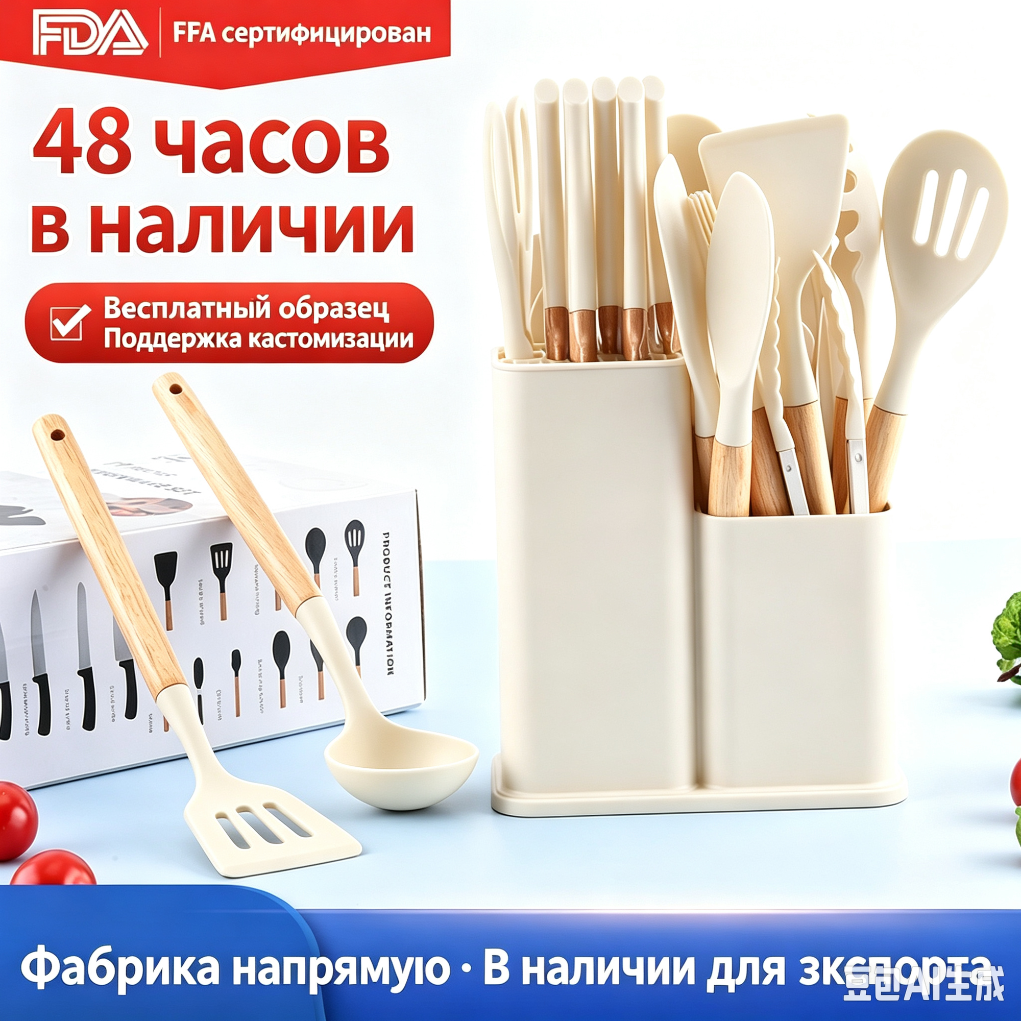 Набор кухонных принадлежностей 19 шт, кремовый силикон, деревянные ручки, органайзер