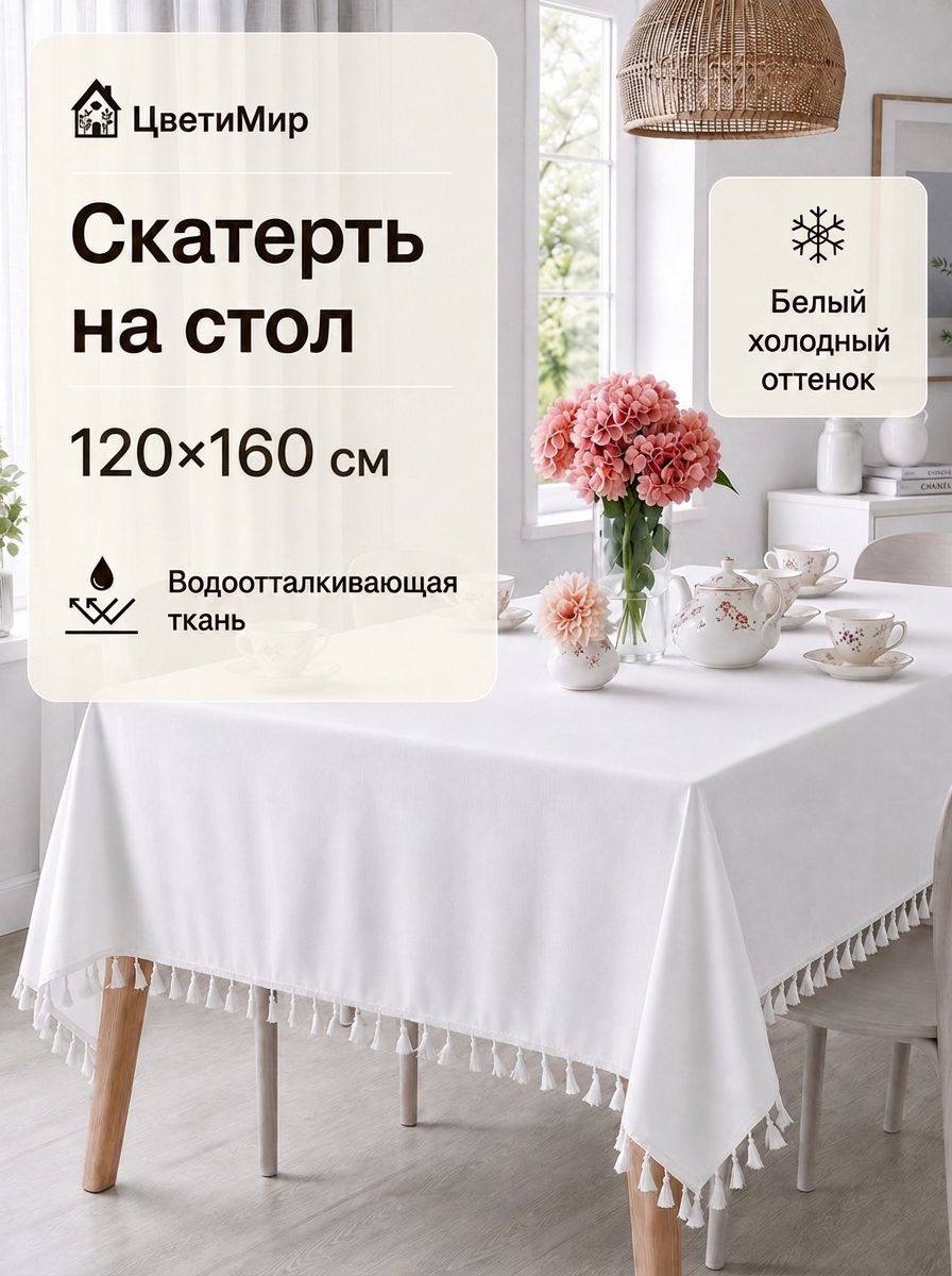 Скатерть на стол тканевая ЦветиМир, водоотталкивающая, 120х160 см , хлопок, прямоугольная, белая, праздничная