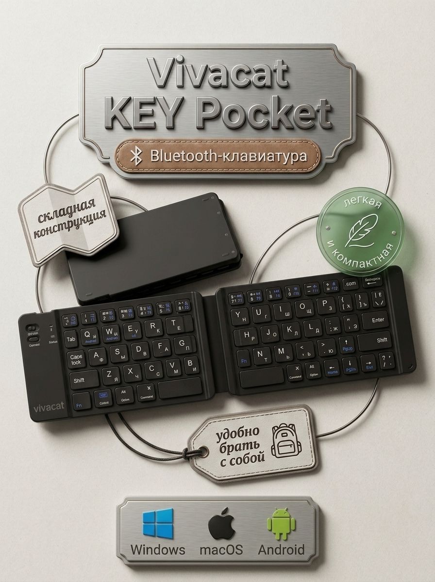 Мини-беспроводная складная клавиатура Vivacat KEY Pocket для планшета, смартфона и компьютера