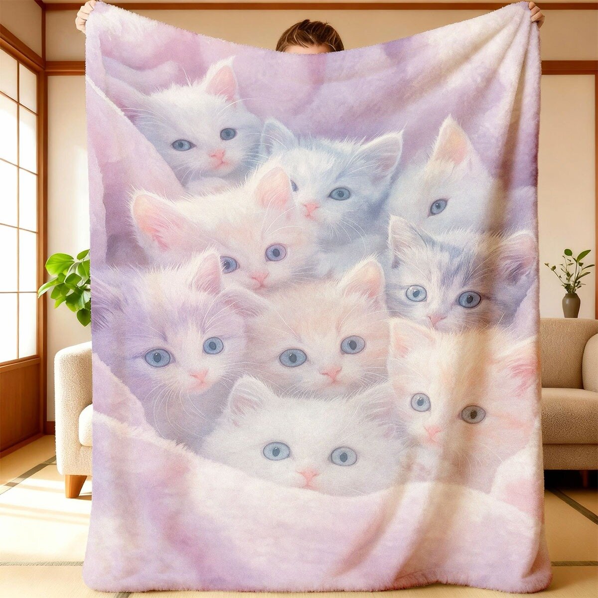 Плед с милыми котятами из мягкой фланели, пастельно-фиолетовый, 100x70 см, 1 шт, уютный всесезонный, легкий и теплый, для кровати, дивана, офиса и кемпинга, подарок для любителей кошек
