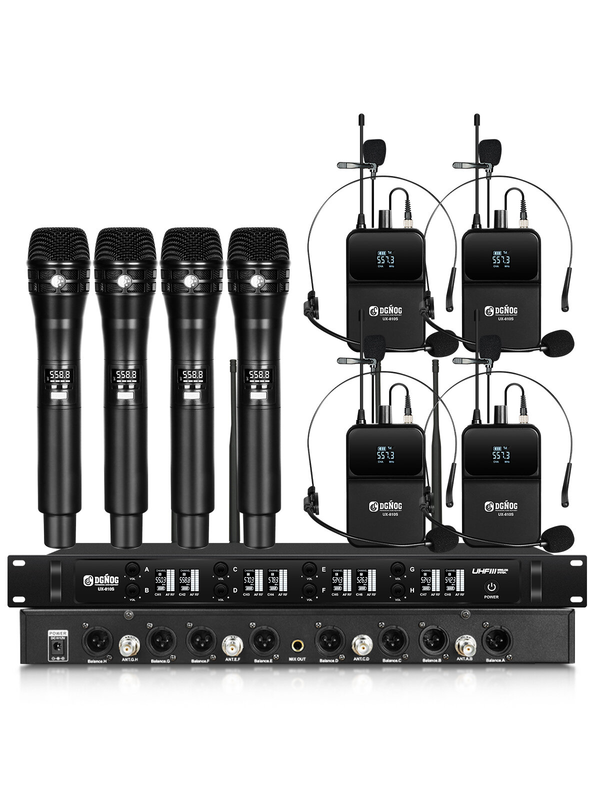 Беспроводная микрофонная система DGNOG UX-810S, 4 головных и петличных микрофона + 4 настольных конференц-микрофона