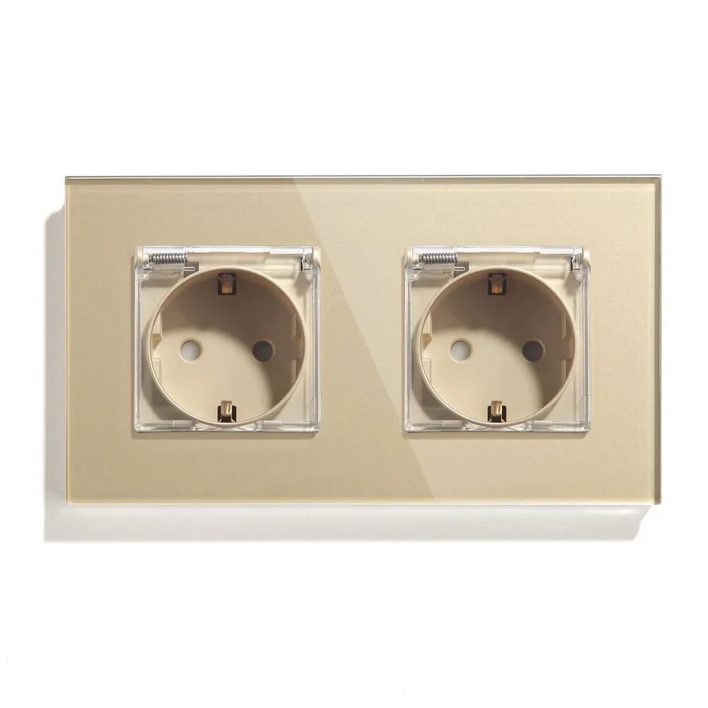 Розетка c крышкой влагозащищённая, 2 поста 16А 250В, рамка стекло Золотой,157mm