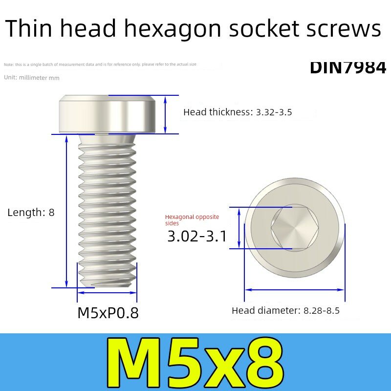Никель-покрытые винты класса 12.9 DIN7984, высокопрочные, M5x8мм, 50 шт