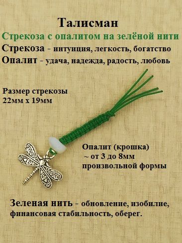 Кошельковый талисман Стрекоза с опалитом на зелёной нити