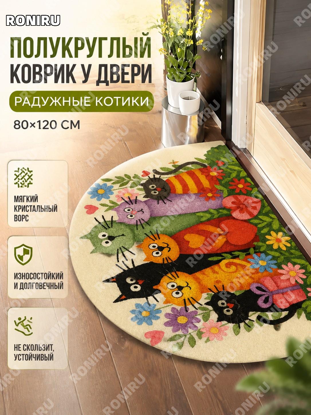 Коврик придверный Радуга Слоёный кот мультфильм 80×120 см из хрустального велюра для дома в прихожую интерьерный