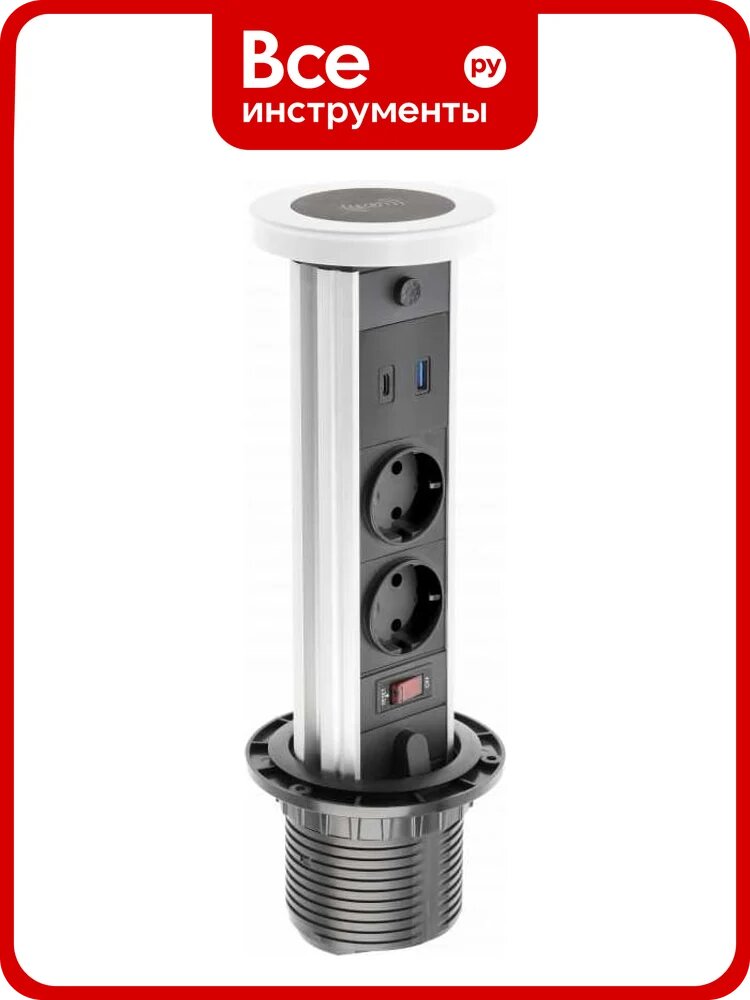 Врезной вертикальный удлинитель GTV camino, 2xschuko, 1xusb-a/5v, 1xtype-c/5v, беспроводная зарядка 10w, ночник, вилка провод 1,5м, черный AE-BPW2sCAM-10
