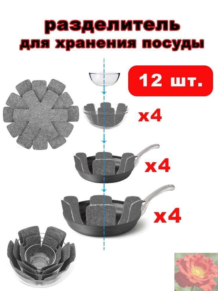 Вкладыш / разделитель для хранения посуды, органайзер для сковородок. Набор 12 шт.