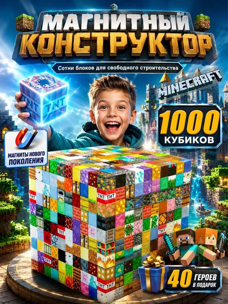 Minecraft Magnetic Building Blocks DIY 1000 предметов, 40 мини-фигурок