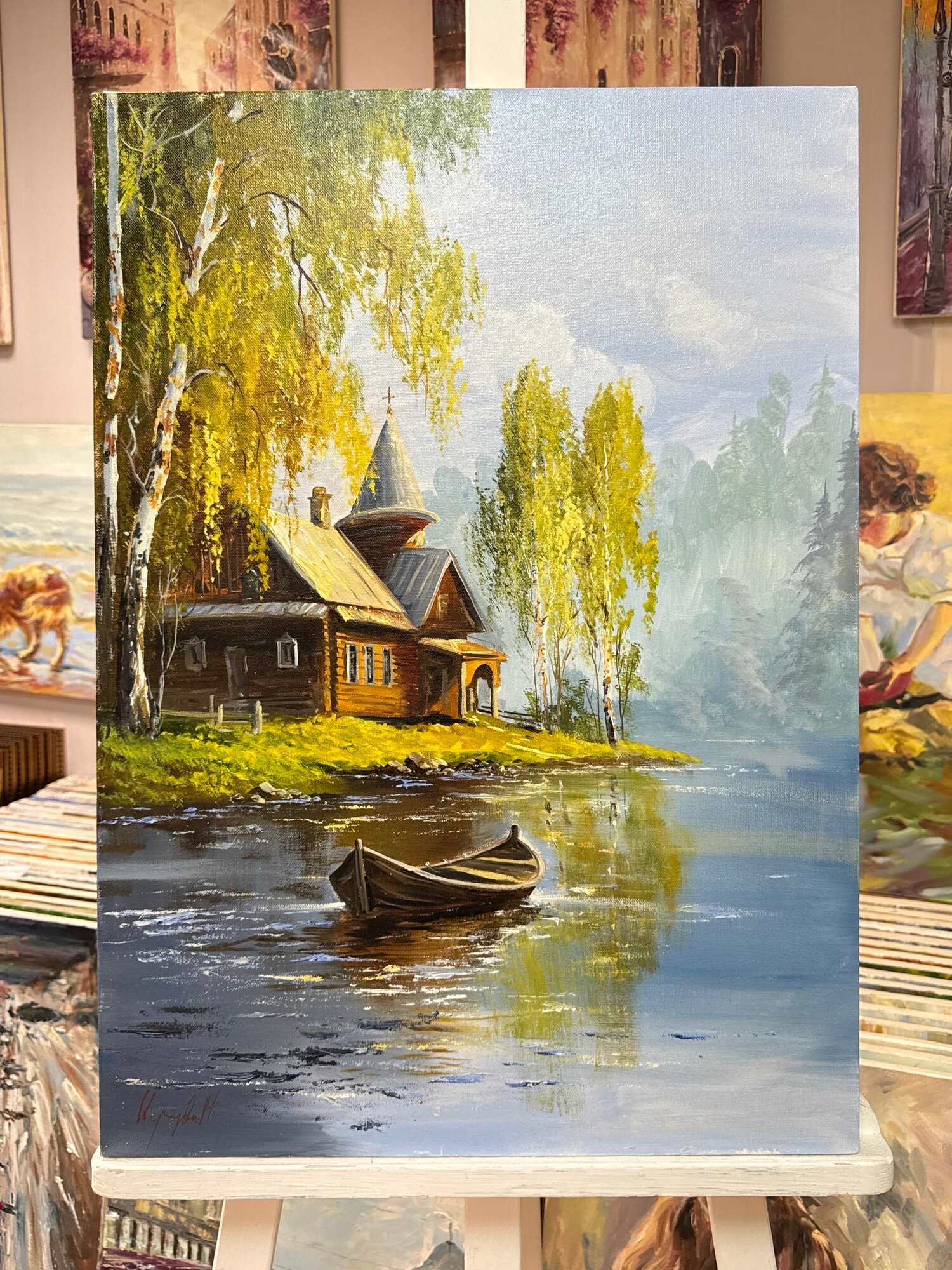 Картина маслом Храм на берегу реки, березы, лодка 50х70 см. Художественная мастерская Грёзы.