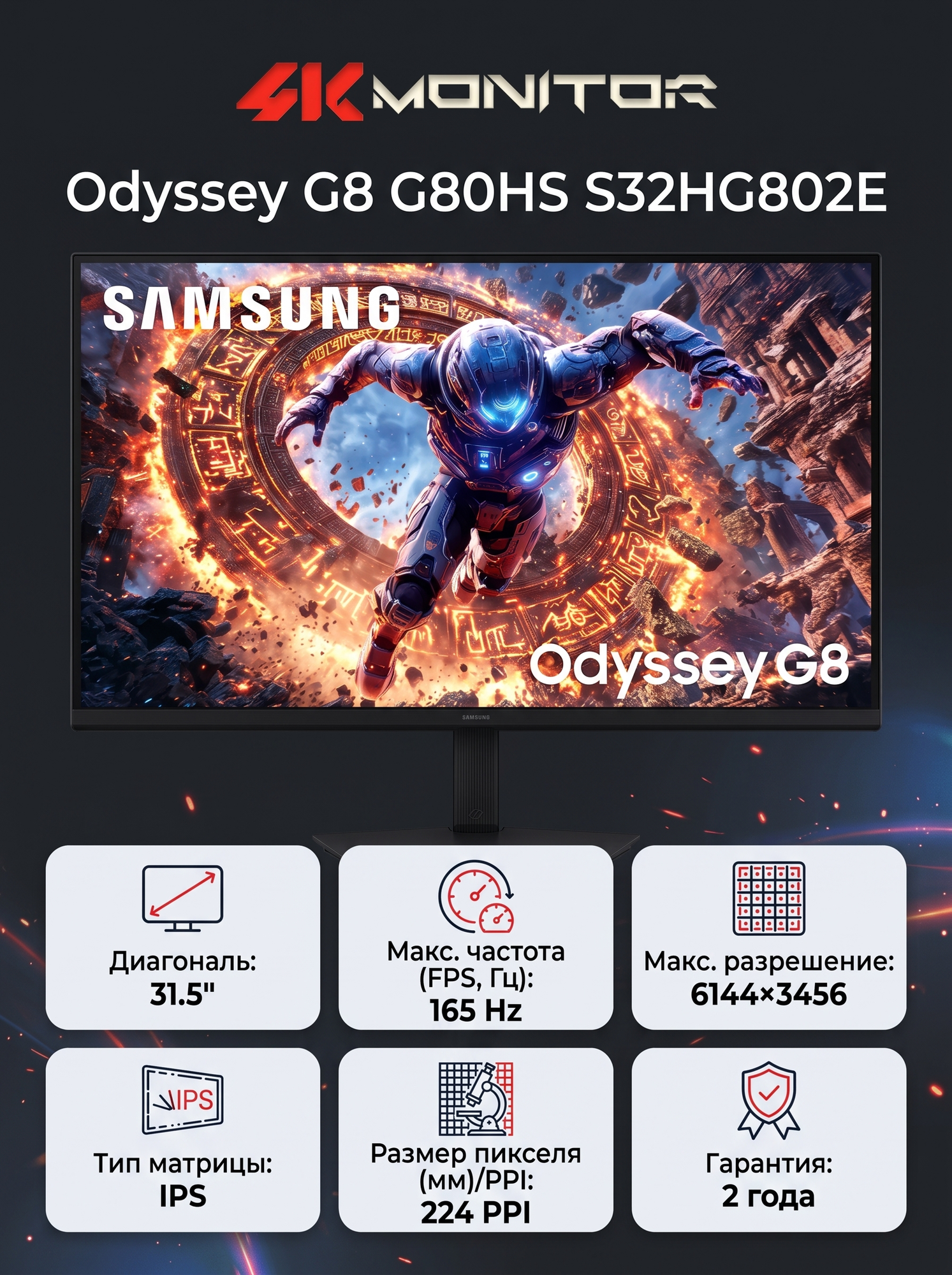 Монитор Samsung Odyssey G8 S32HG802E, разрешение 6K 6144×3456, 165 Гц, IPS