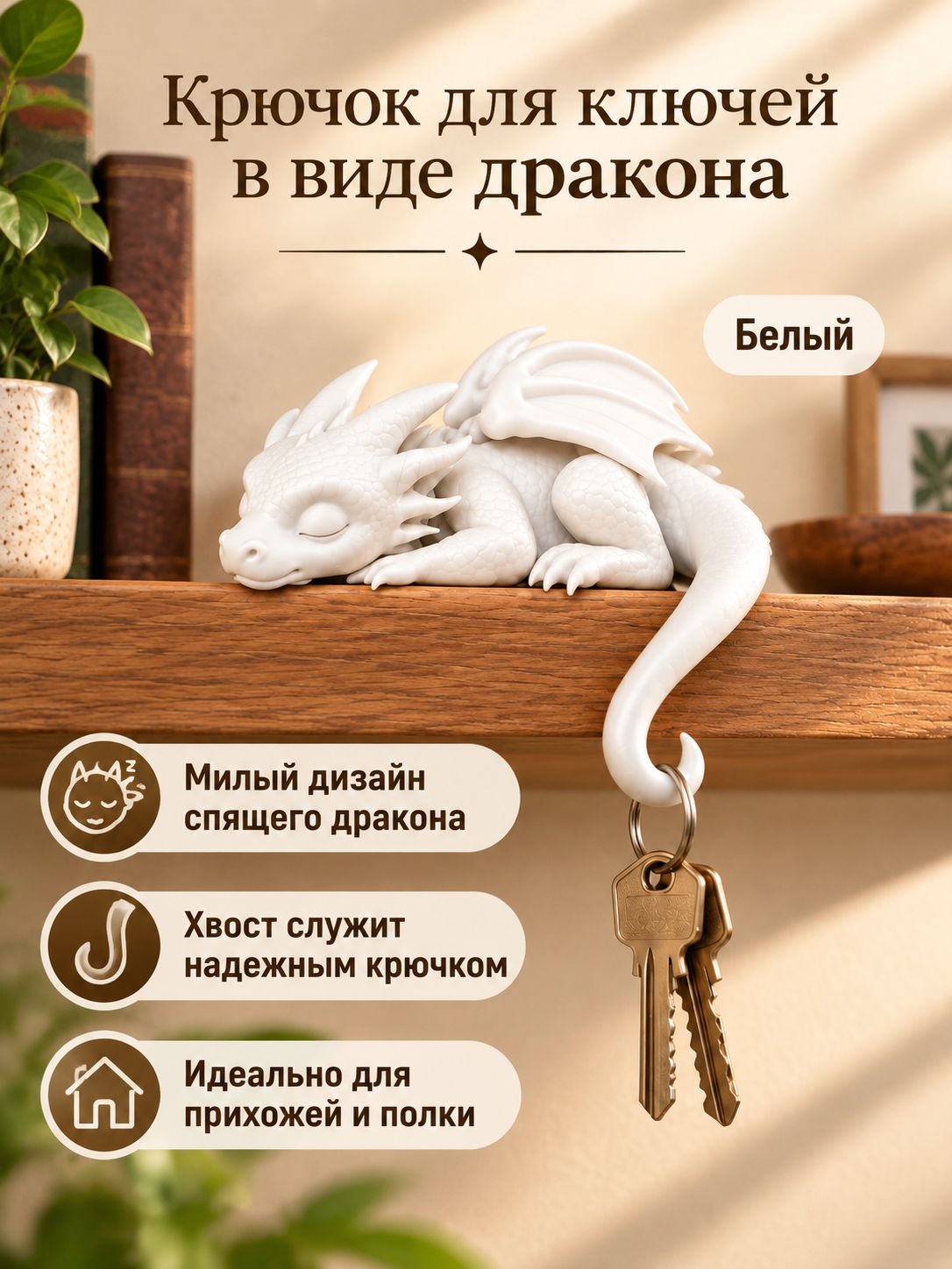 Крючок-дракон для ключей в виде спящего дракона: декоративный настольный крючок из PLA, белый