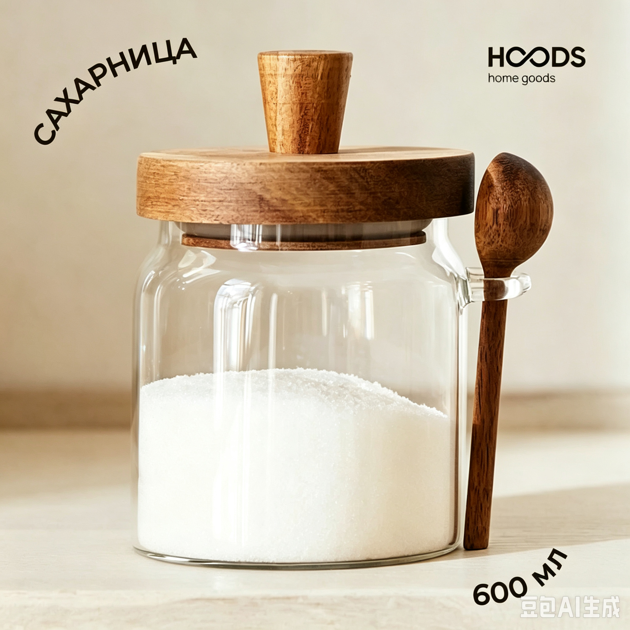 Сахарница стеклянная 600 мл с деревянной крышкой и ложкой, кухонная банка для специй
