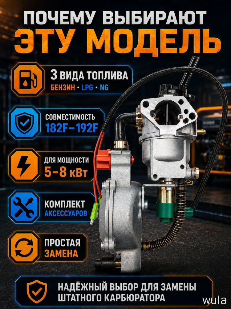 Карбюратор для бензинового генератора LPG190/188 с возможностью перевода на сжиженный газ, 5 кВт