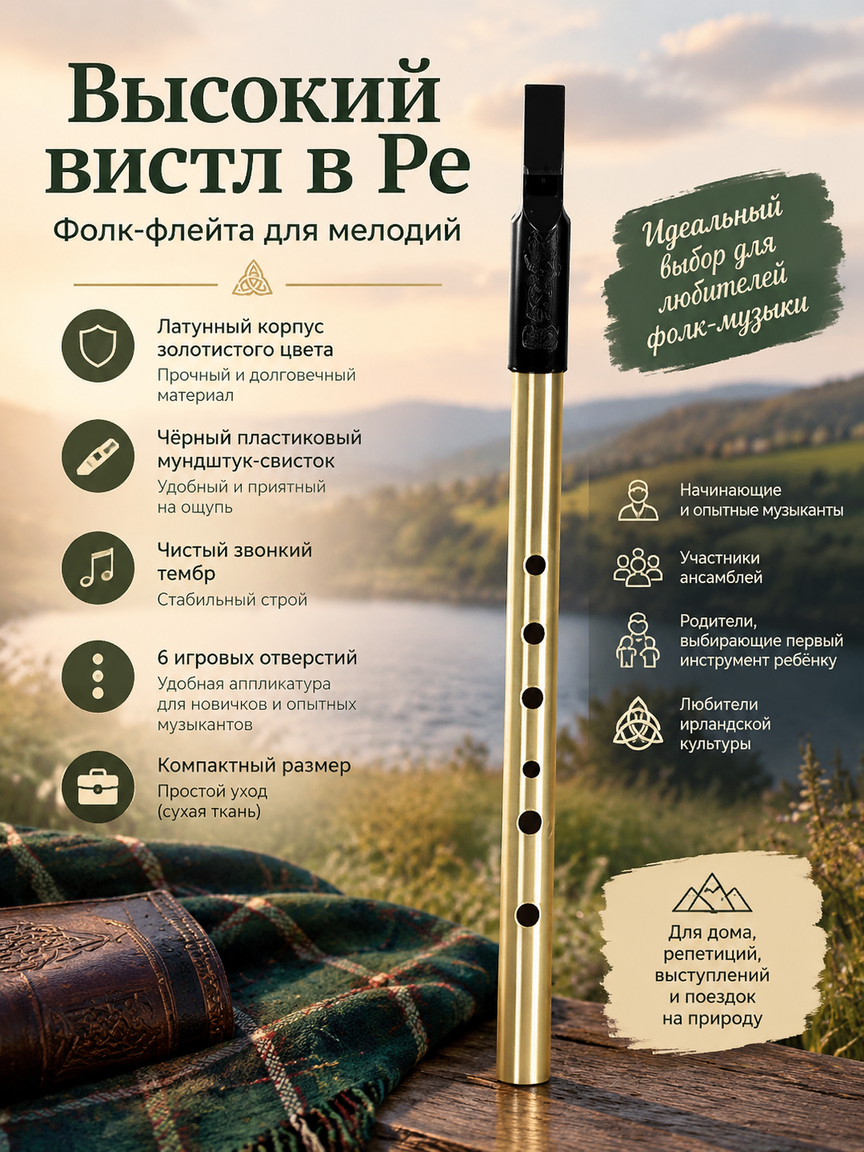 Высокий вистл в тональности Ре: латунный корпус, чёрный мундштук, фолк-флейта для мелодий