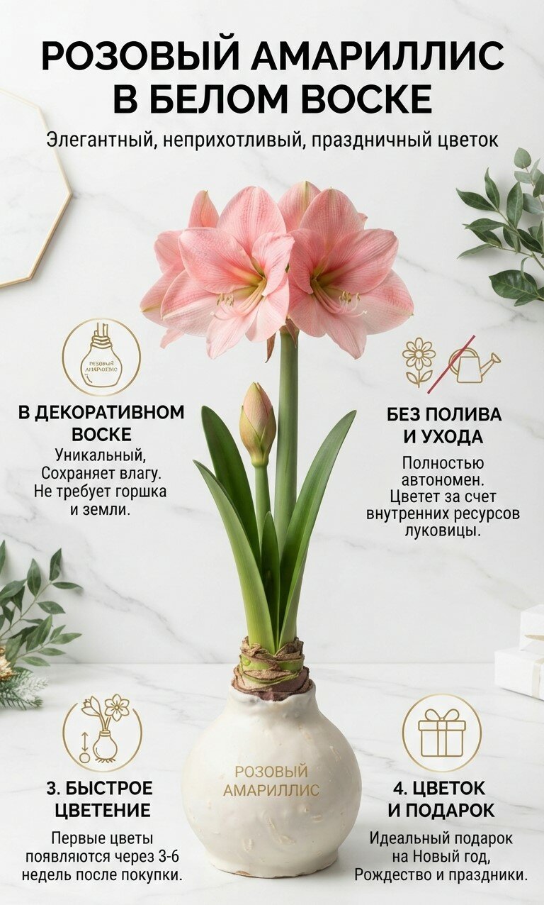 Розовый Амариллис в белом воске - изысканный акцент для любого интерьера