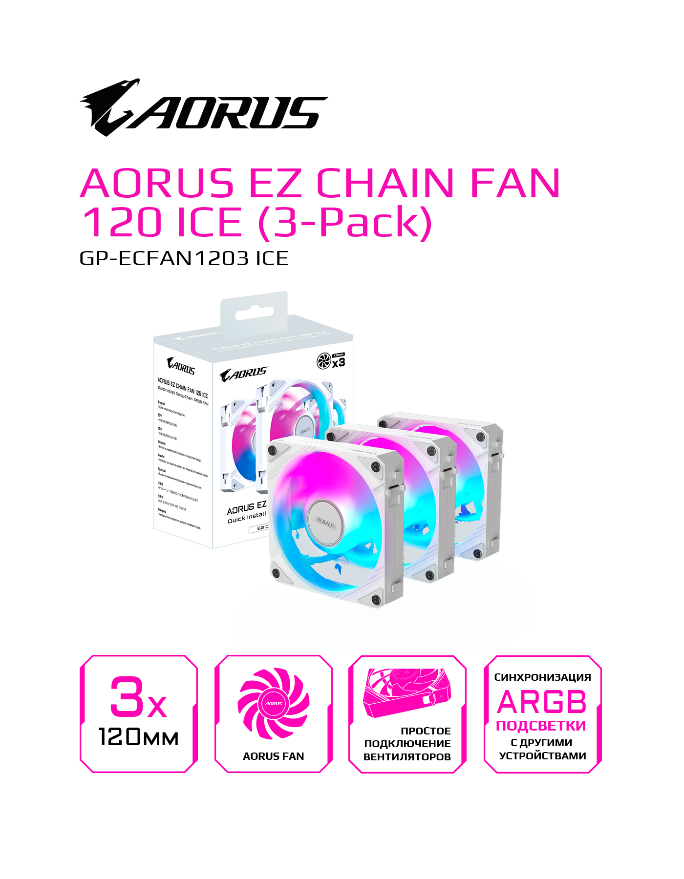 Вентилятор в корпус GIGABYTE GP-GBT EZFAN1203 ICE 3X120mm ARGB FANs set. PWM, 3 Pin