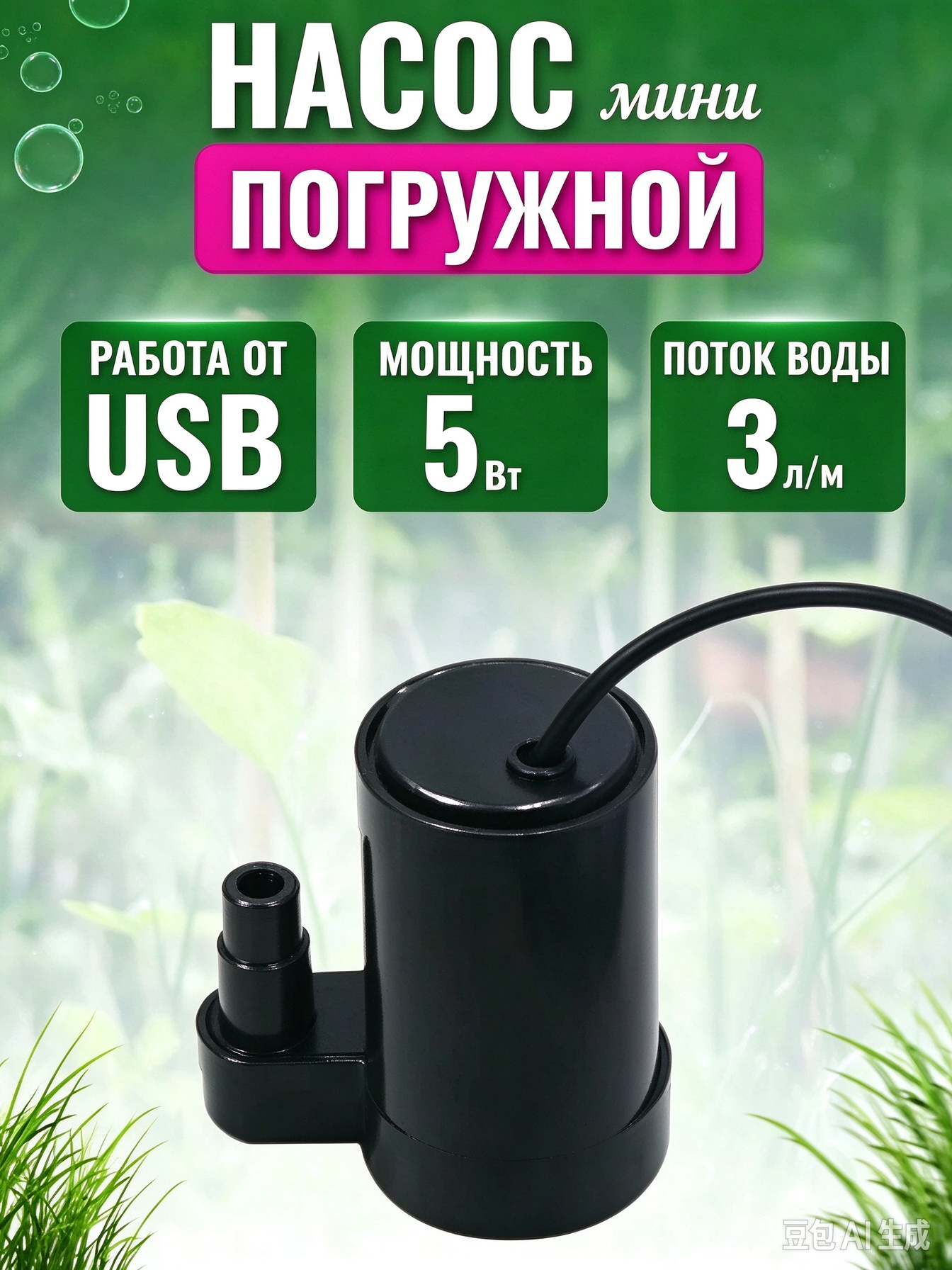 Мини погружной насос (USB‑питание), для аквариума, полива и водяного охлаждения