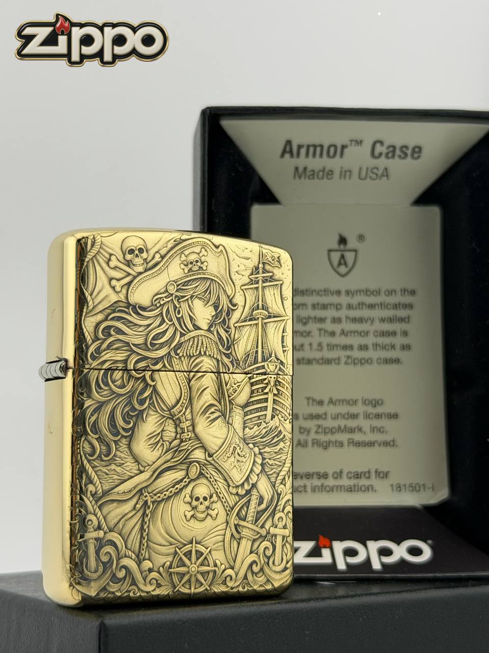 Зажигалка Zippo Pirate Queen — Королева пиратов, Девушка-капитан, гравировка
