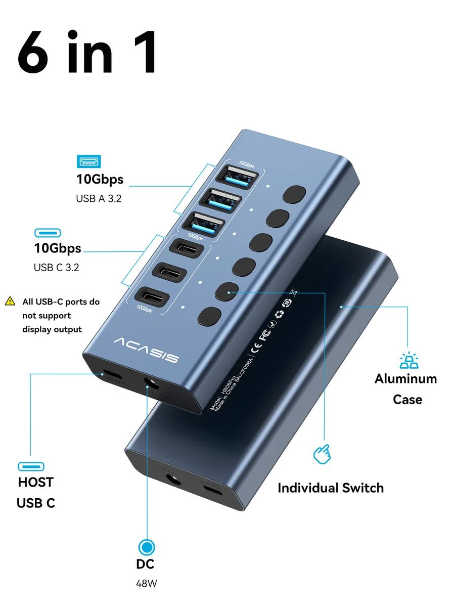 USB-хаб ACASIS на 6 портов 10 Гбит/с USB 3.2 с питанием, 3 USB-A и 3 USB-C