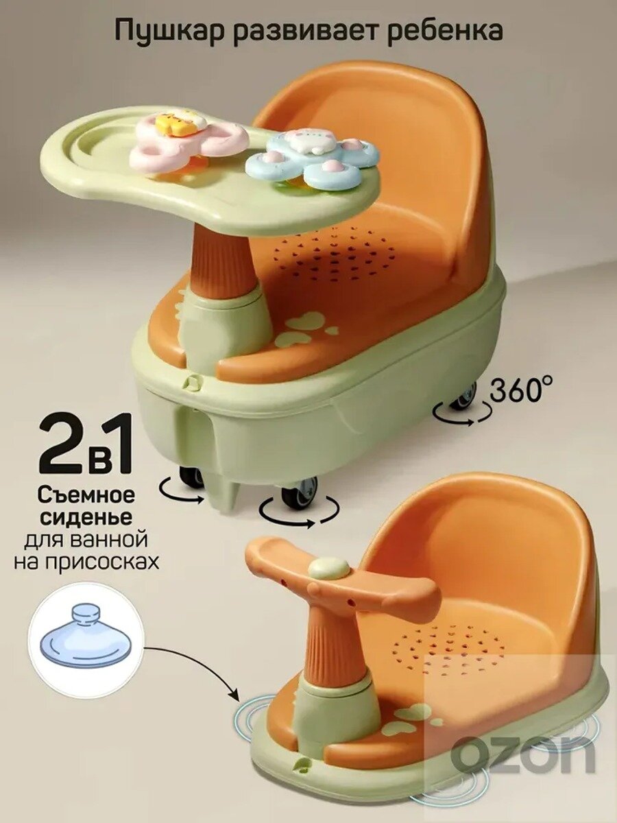 Каталка-толокар 2 в 1 со съемным сиденьем и поворотным рулем, зеленый