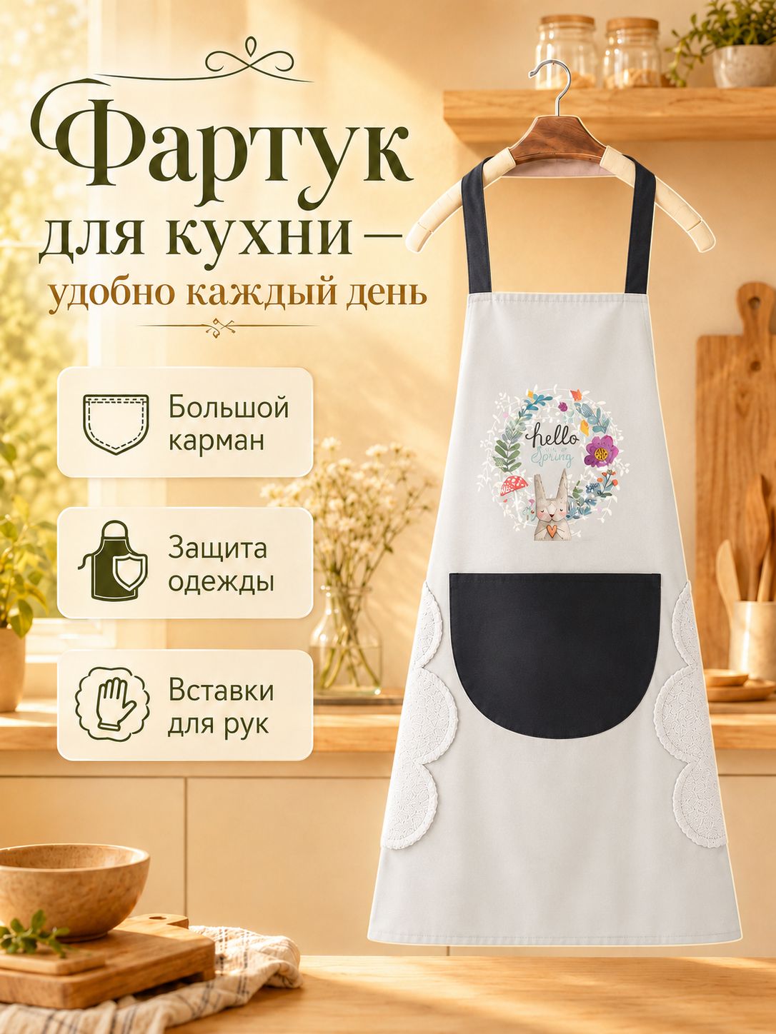 Фартук кухонный с карманом, непромокаемый передник для готовки и выпечки