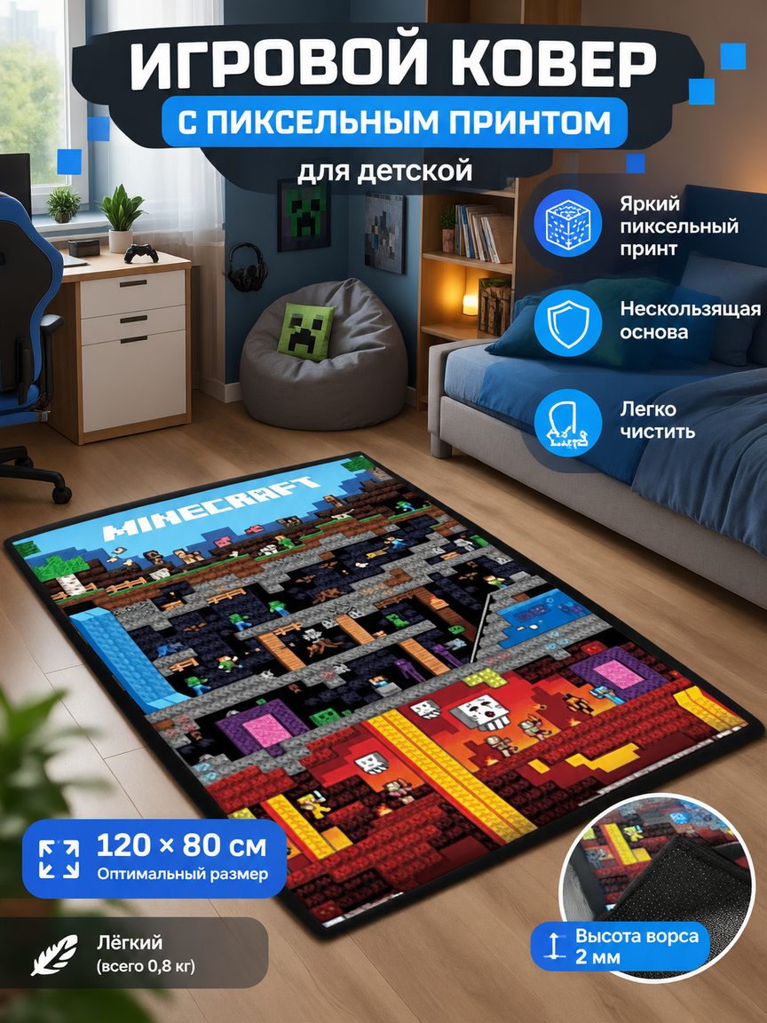 Игровой ковер с пиксельным принтом для детской, 120x80 см, нескользящий, легко чистить