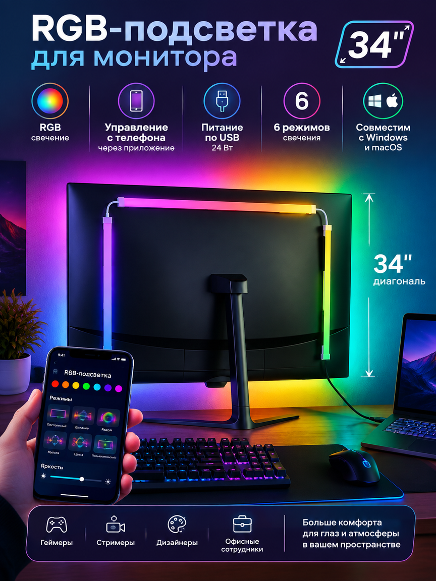 RGB-подсветка для монитора 34 дюйма с USB и приложением, 24 Вт, 6 режимов, наклейка