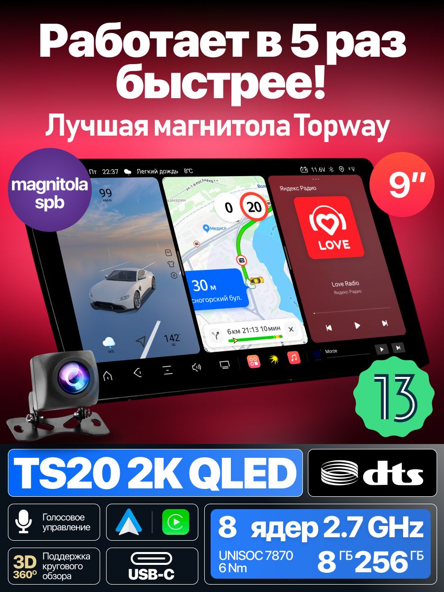 Магнитола TS20 8Gb+256Gb, универсальная, 9 дюймов, Магнитола 2din, Головное устройство, Мультимедиа