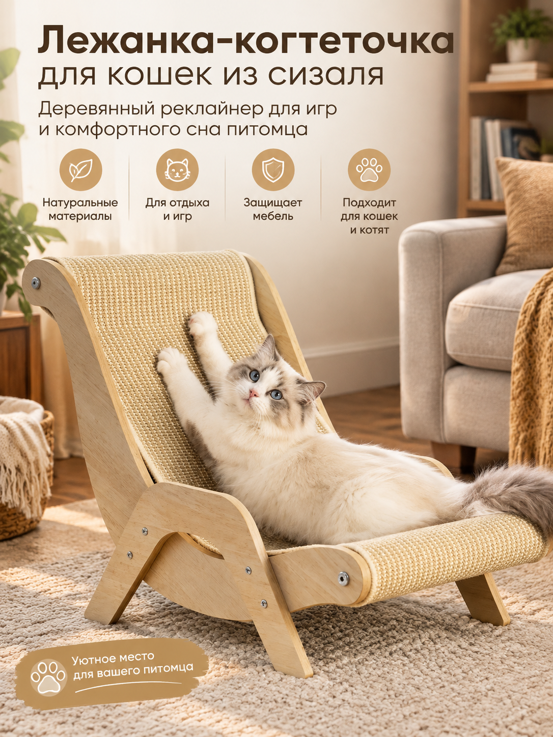 Лежанка-когтеточка для кошек из сизаля, деревянный реклайнер для игр и комфортного сна питомца