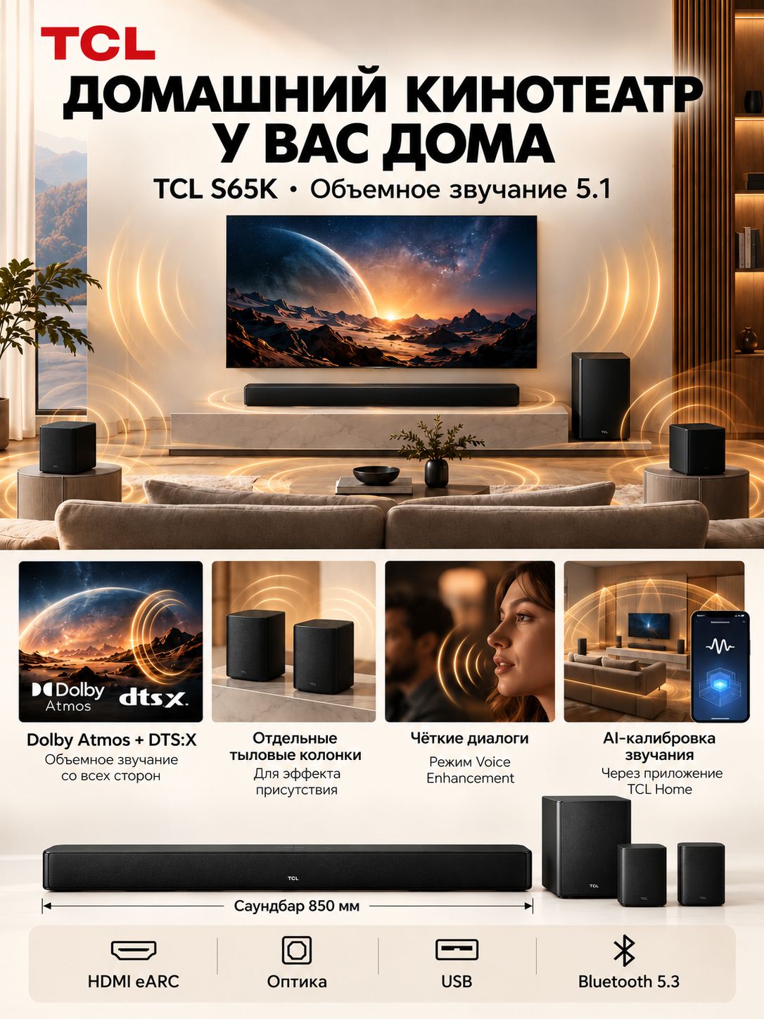 Саундбар TCL S65K 5.1 черный, 630 Вт, Dolby Atmos, DTS: X, RAY·DANZ Lite