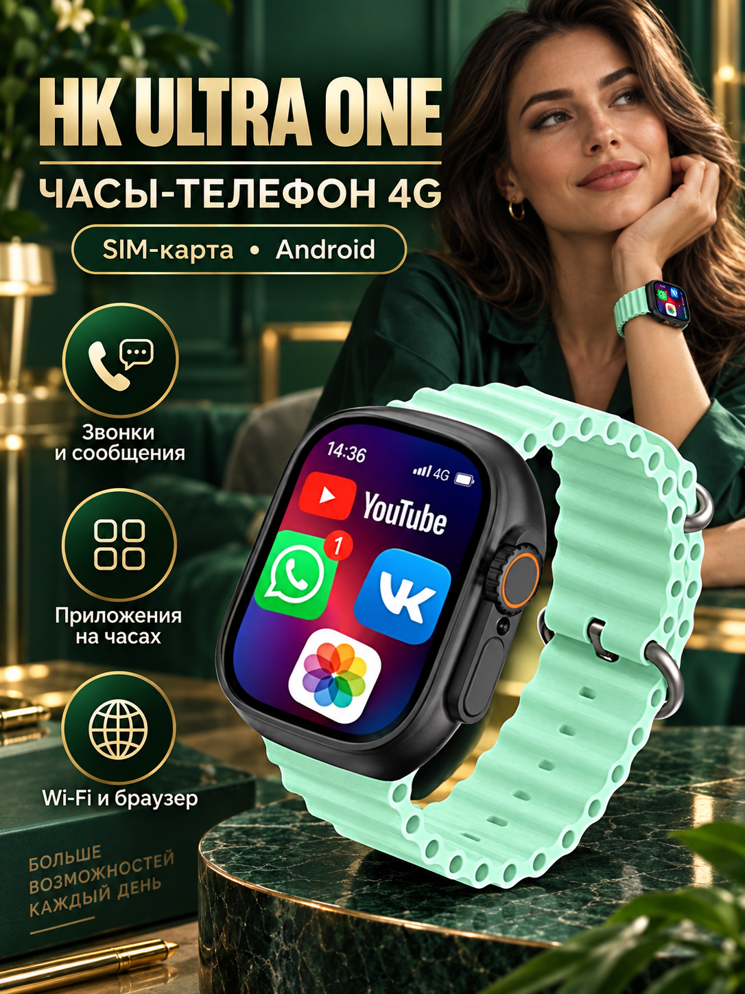 Смарт часы HK ULTRA ONE Умные часы PREMIUM Smart Watch AMOLED 4G, Wi-Fi, iOS, Android, Галерея, Игры, Браузер, Камера, Звонки, Мятный