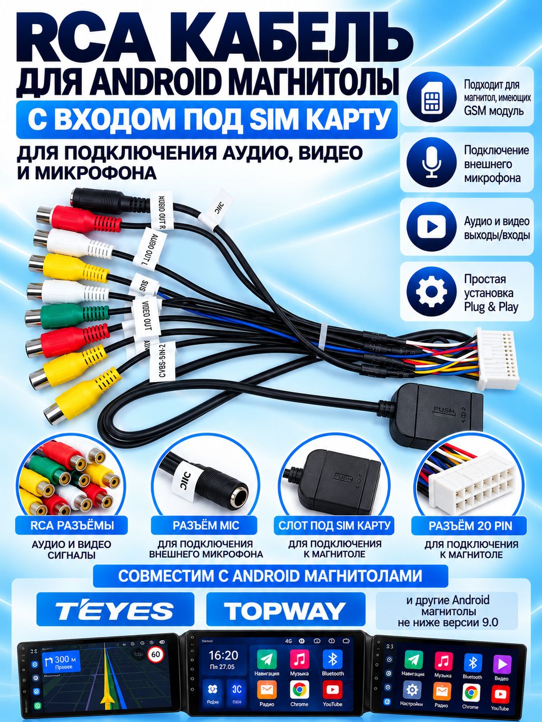 RCA кабель для китайской Android автомагнитолы со слотом под Sim карту и вход под микрофон
