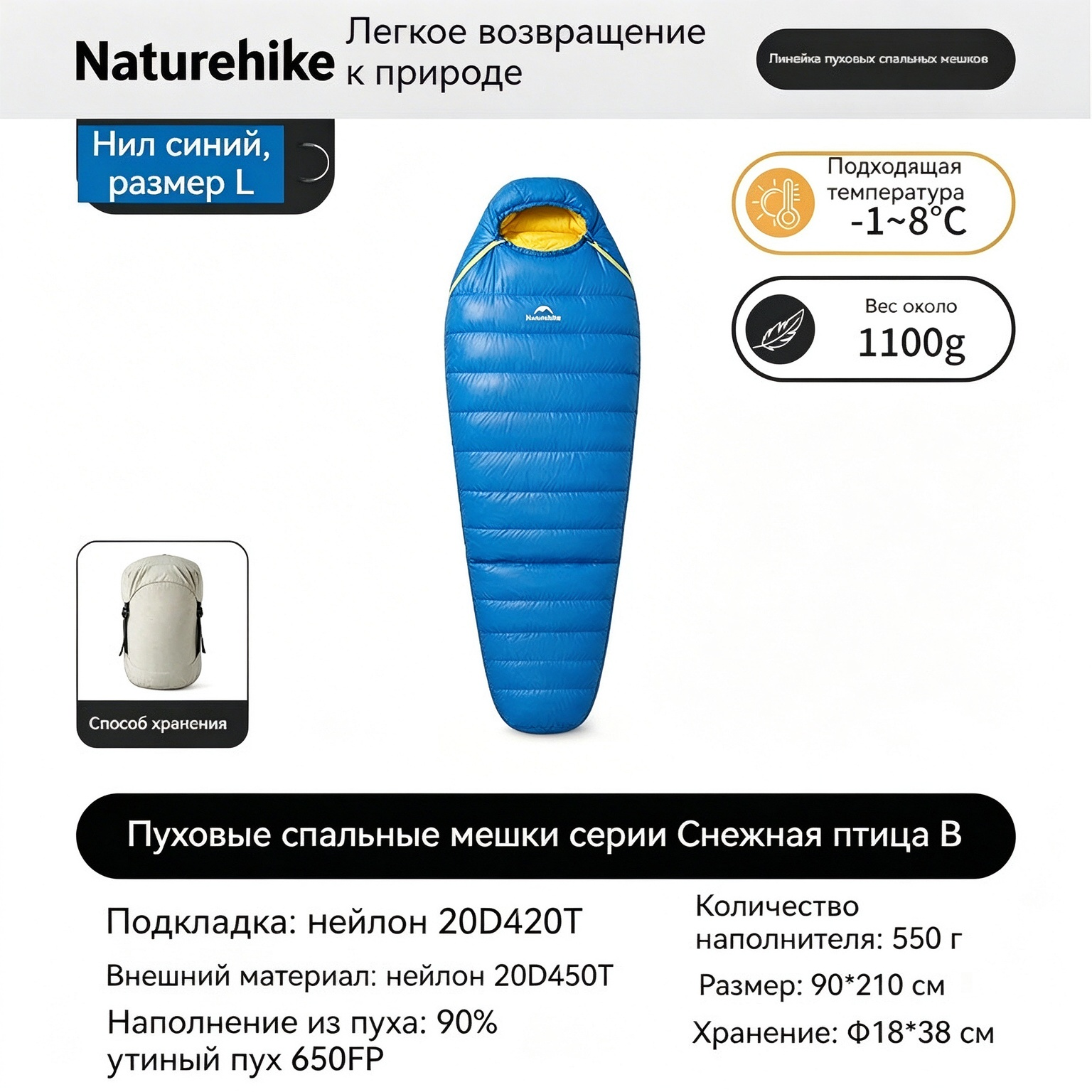 Naturehike Пуховый спальный мешок-мумия из утиного пуха 650FP, двойная молния, для походов и кемпингаCNK2650WS028
