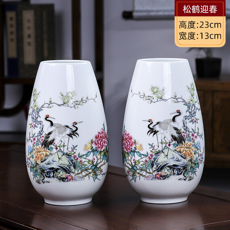 Пара цилиндров благословения сосна и журавль HD Jingdezhen с деревянной подставкой, традиционный декор