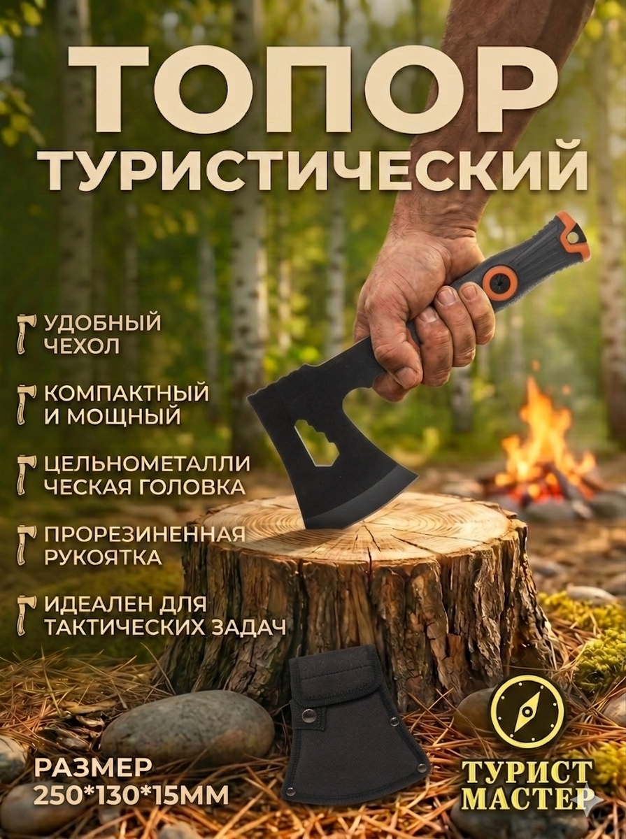 Топор туристический в чехле 250х130х15мм, прочный, легкий, удобный