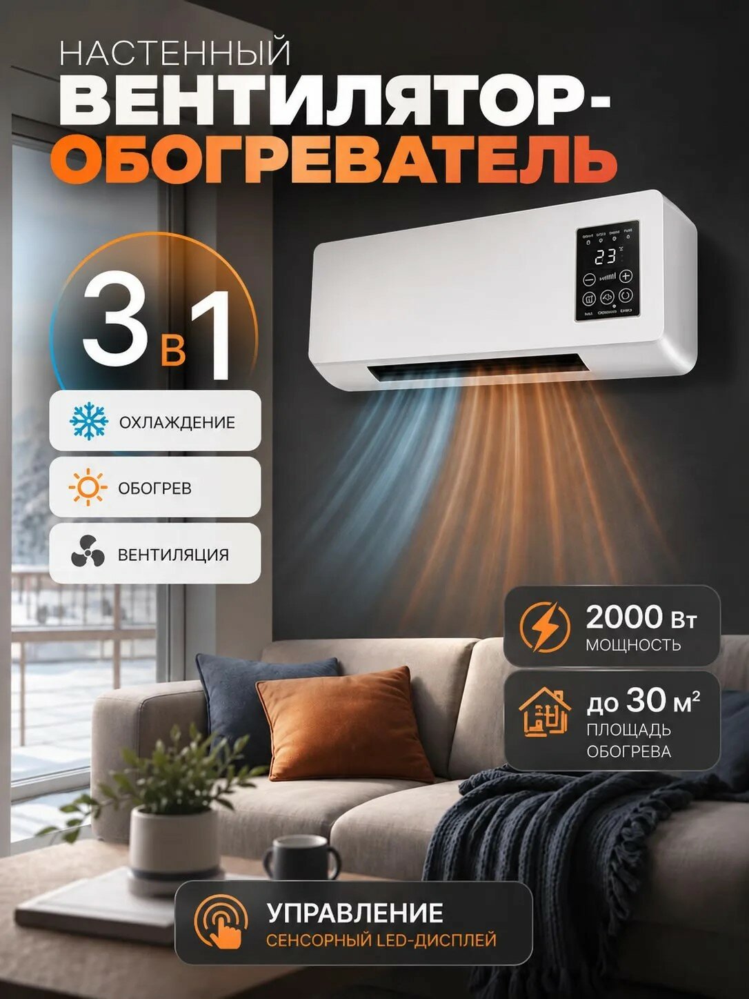 Тепловентилятор настенный обогреватель 3 в 1