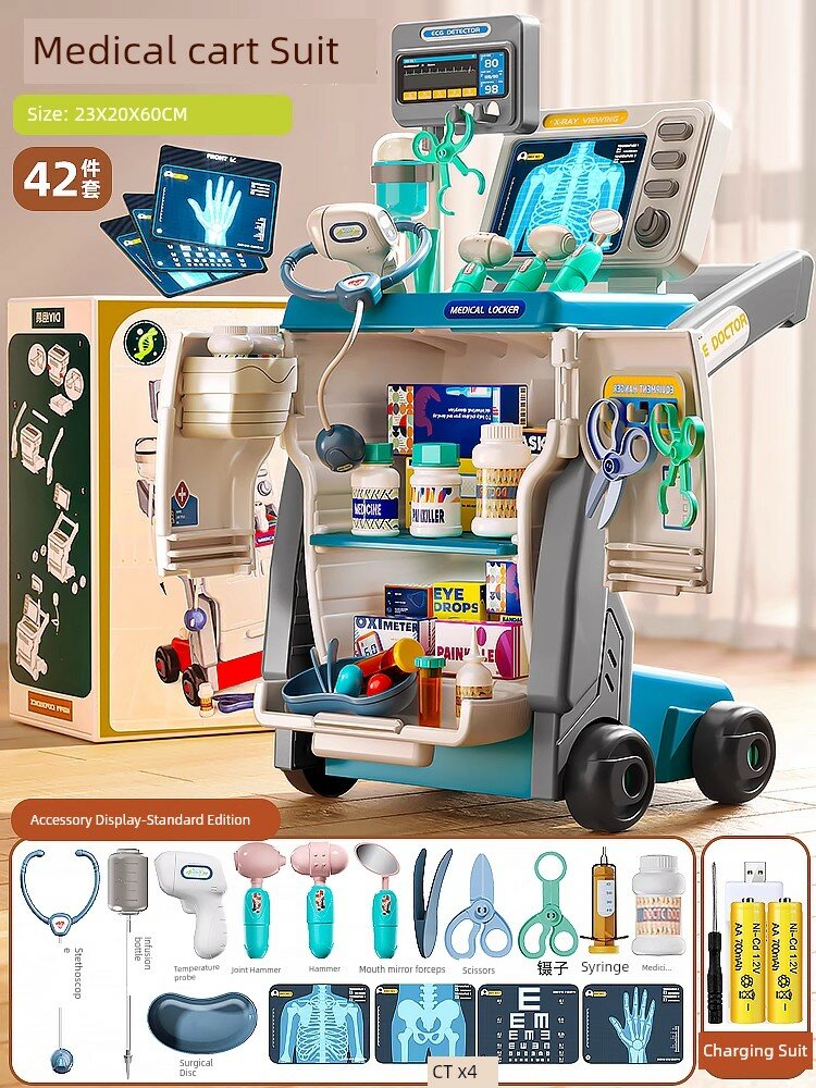 Синий набор для медицинской игры из 42 предметов для детей 3-6 лет с звуковыми эффектами и функцией ЭКГ, перезаряжаемый