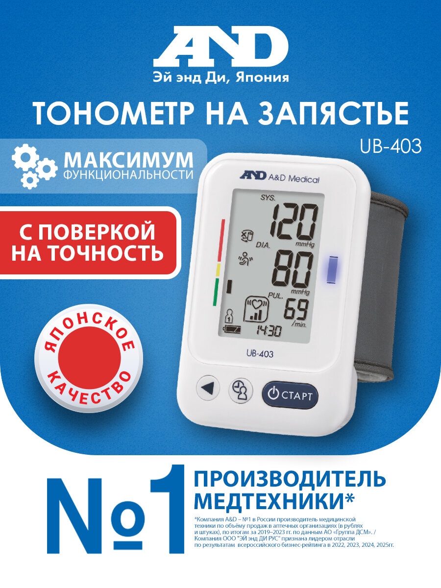 Тонометр на запястье автоматический AND UB-403 манжета 13,5-21,5 см