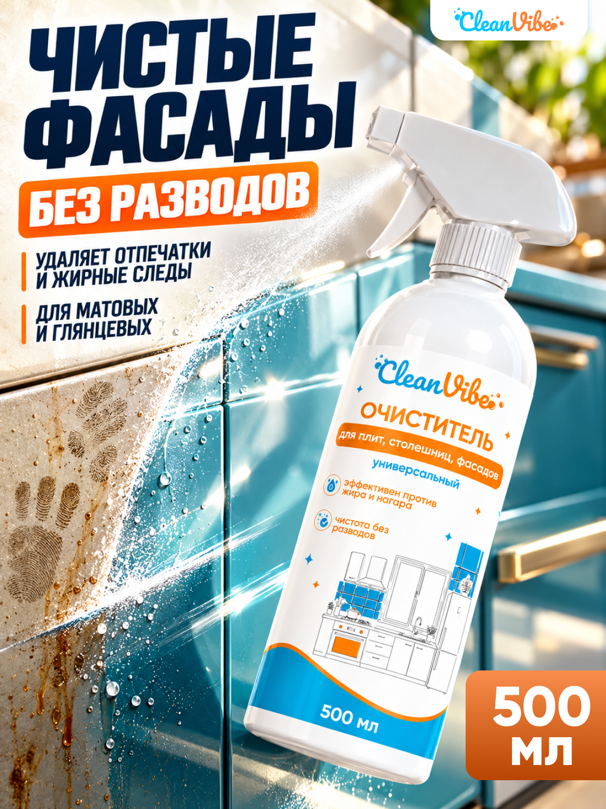 Очиститель кухонных фасадов, без разводов, без запаха, 500 мл
