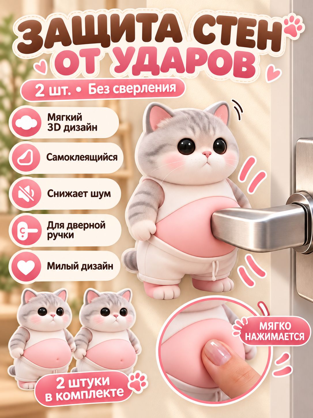 Стоппер для двери силиконовый, защита стены от дверной ручки, котёнок, 2 шт.