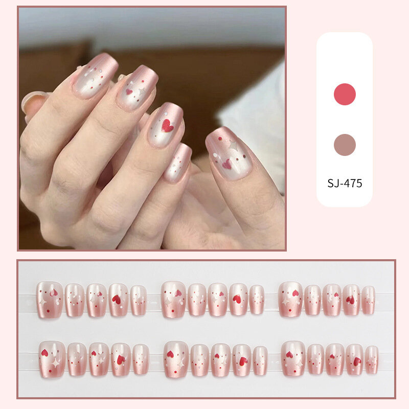 Сладкие сердечки с полосками, градиентный кот глаз, ложные ногти с клеем - короткая модель для легкого применения