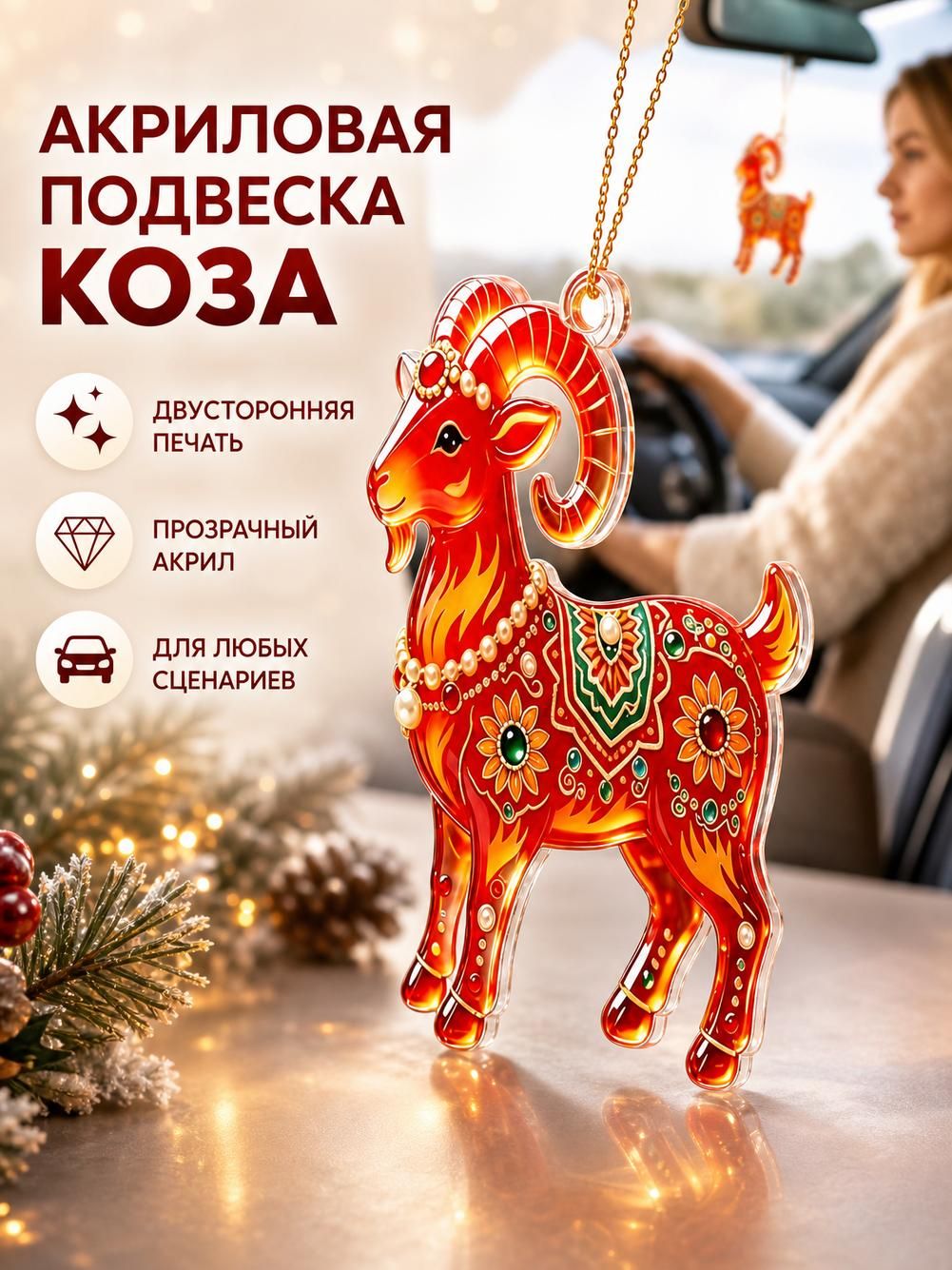 Елочное украшение из акрила в виде козы, с геометрическим седлом, 8 см, для дома