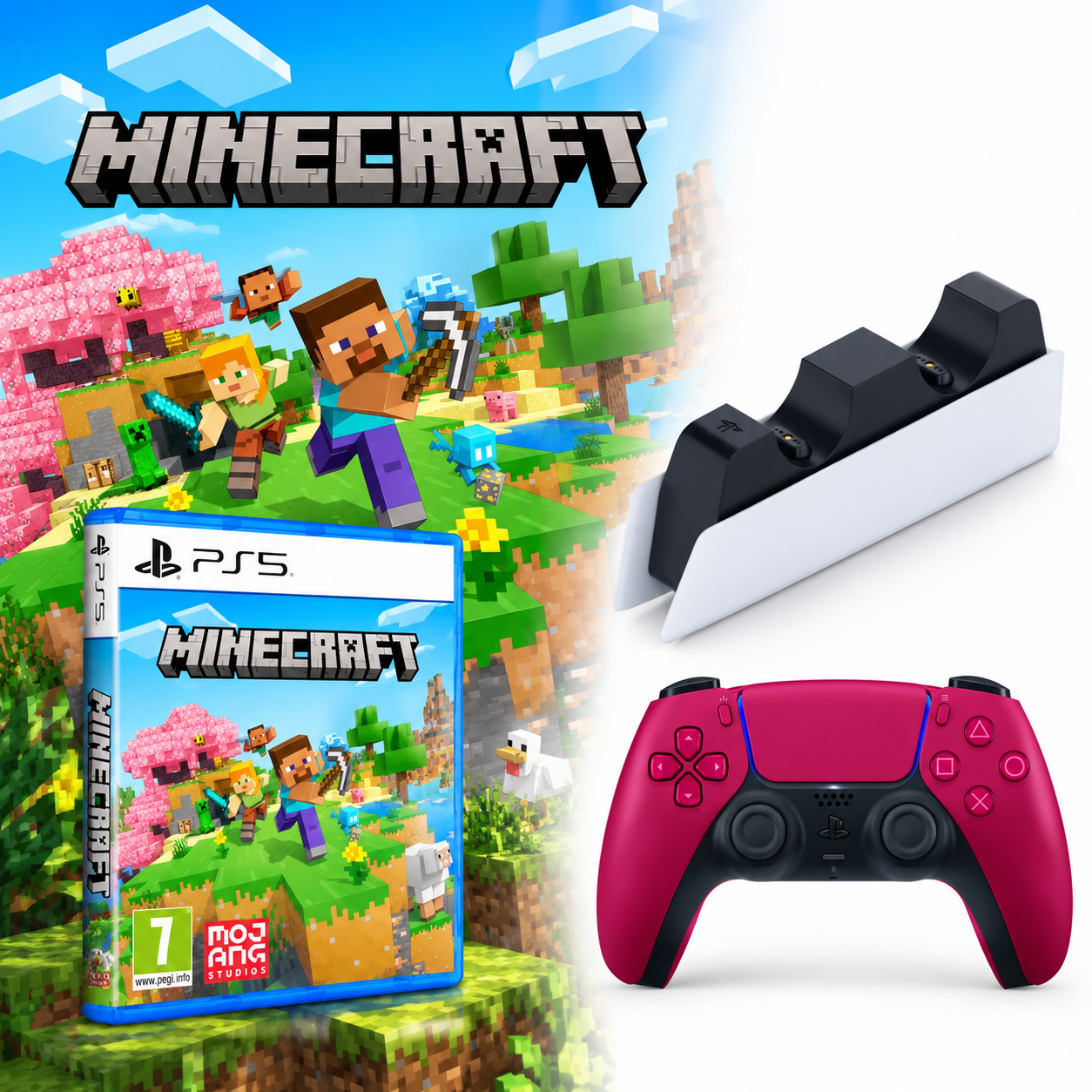 Sony DualSense Wireless Controller Cosmic Red для PS 5, +Зарядная станция +Minecraft