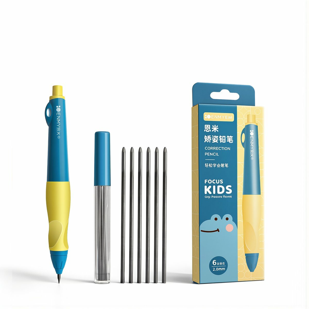 Коррекционный карандаш для младших школьников 2.0 мм HB толстый стержень синий с 1 ручкой карандаша и 6 запасными стержнями набор для обучения письму с раннего возраста